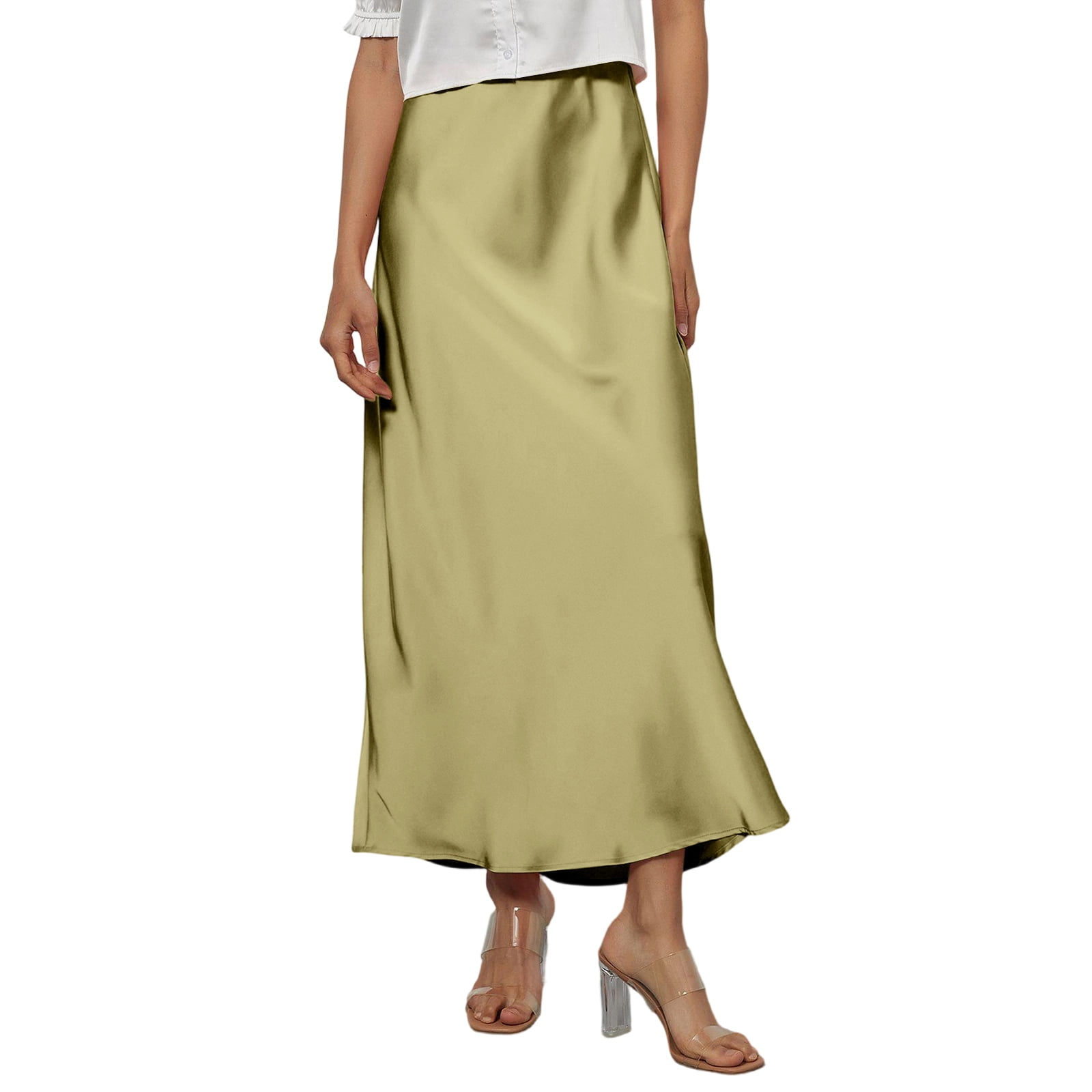 WULMLEO Women's Elegant Satin Skirts High Waisted Flared Casual Work ...