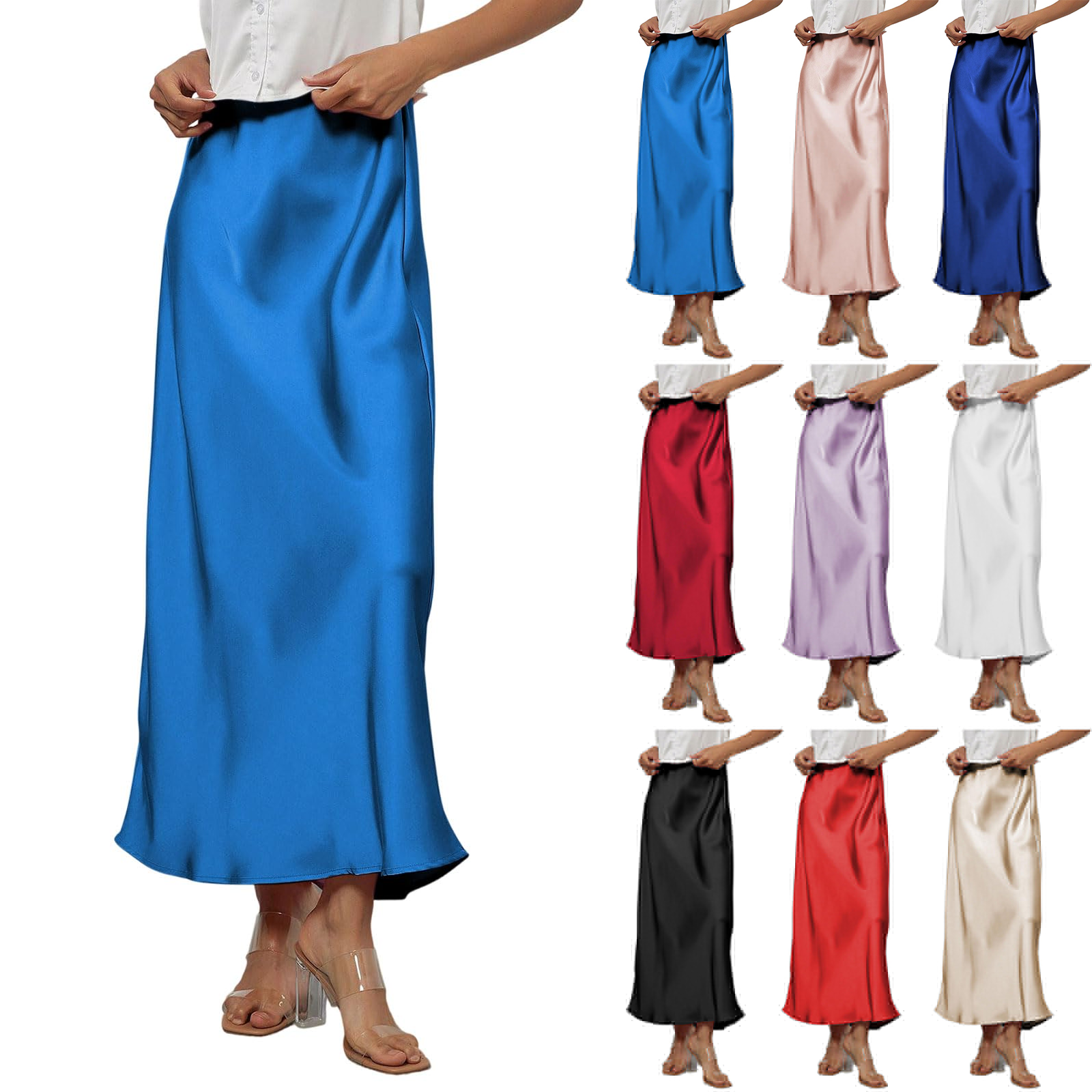WULMLEO Women's Elegant Satin Skirts High Waisted Flared Casual Work ...