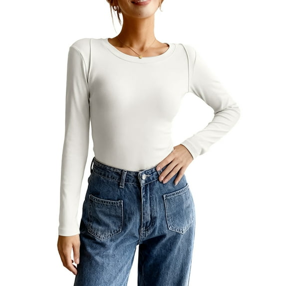 WULMLEO Women's Ribbed Long Sleeve Basic Top - Soft Stretch Crewneck ...