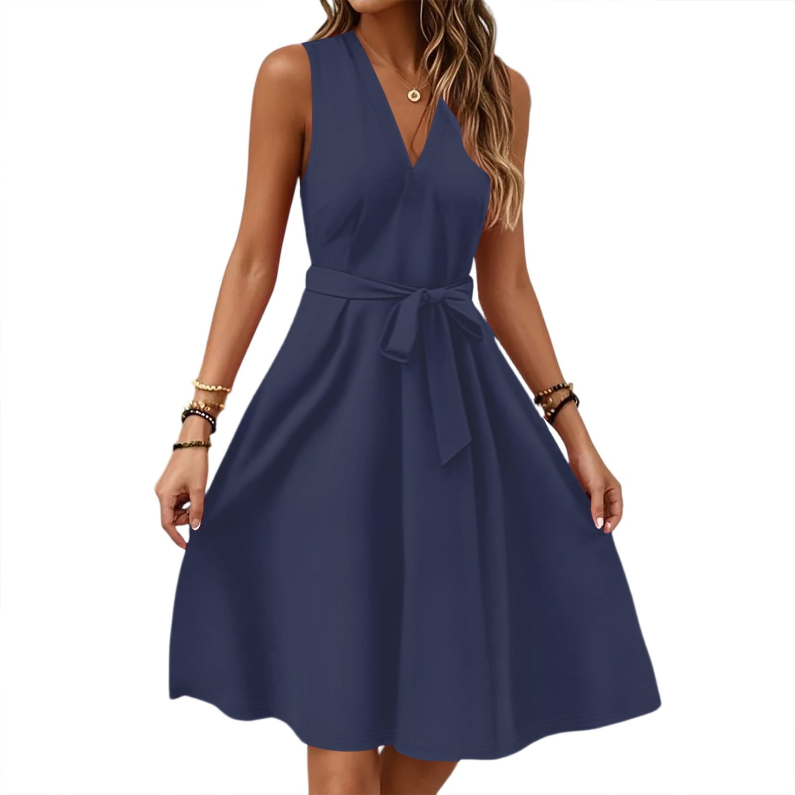WULMLEO Women's Summer Sundress 2025 V-Neck Sleeveless Solid Waist Tie ...