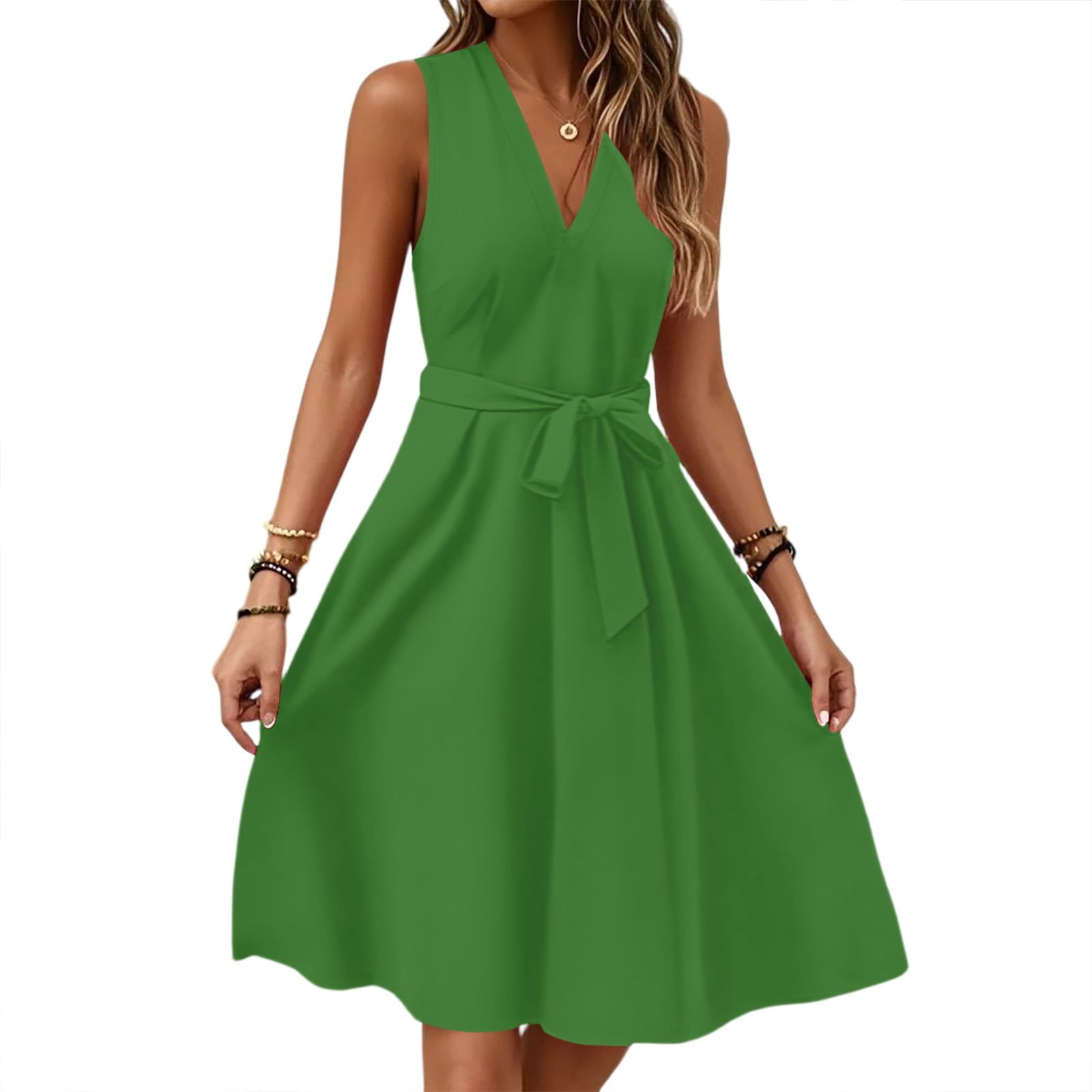 WULMLEO Women's Summer Sundress 2025 V-Neck Sleeveless Solid Waist Tie ...