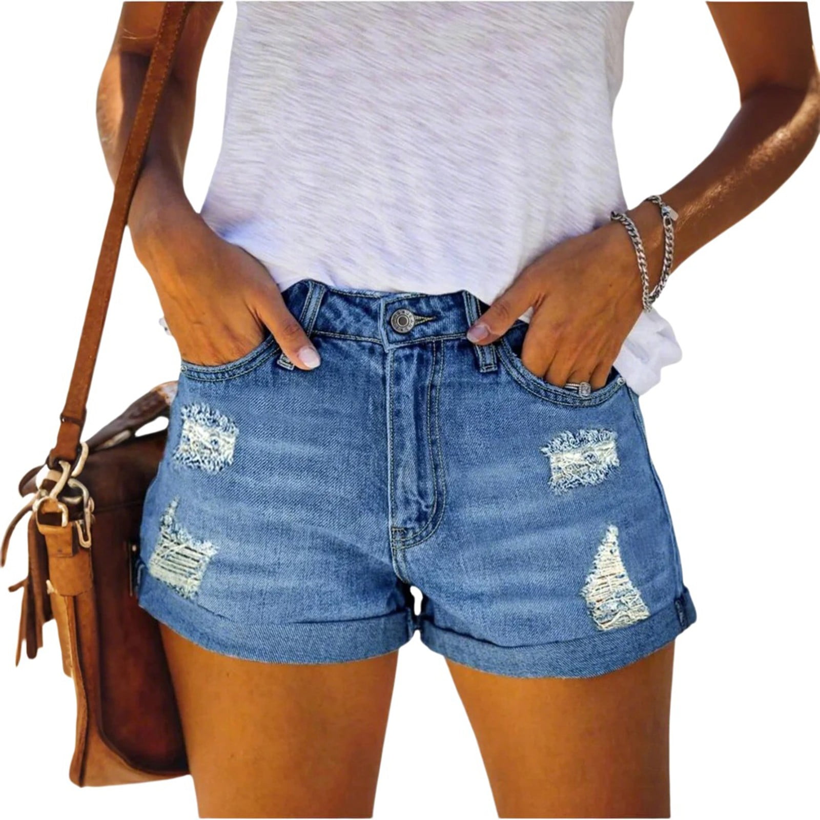 WULMLEO Womens Denim Shorts Bermuda Distressed High Rise Ripped Jean ...