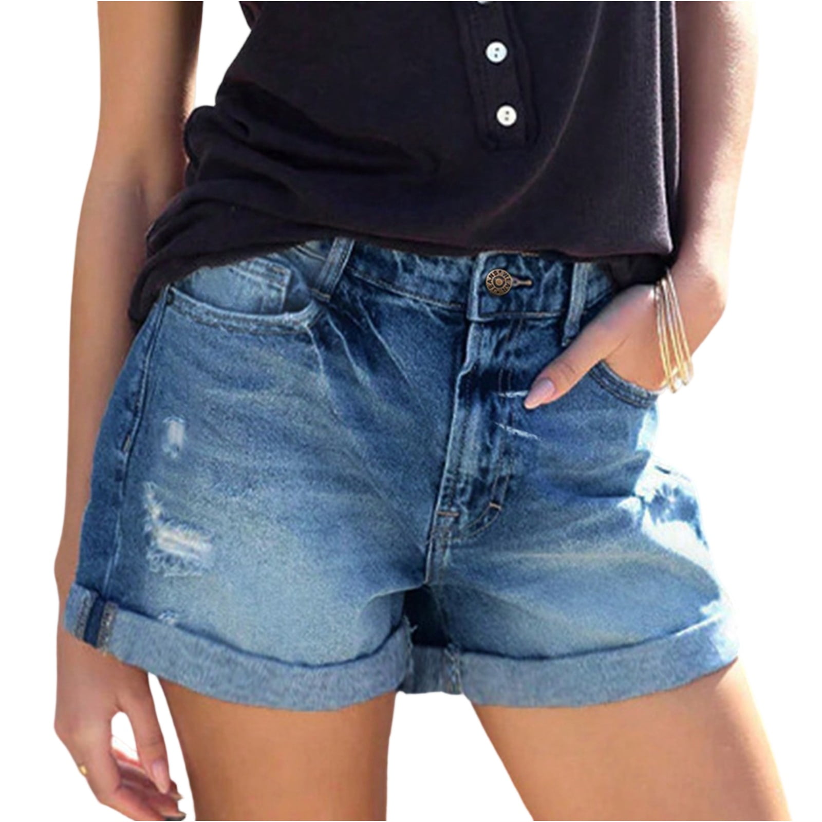 WULMLEO Womens Denim Shorts Plus Size Distressed Mid Rise Ripped Jean ...