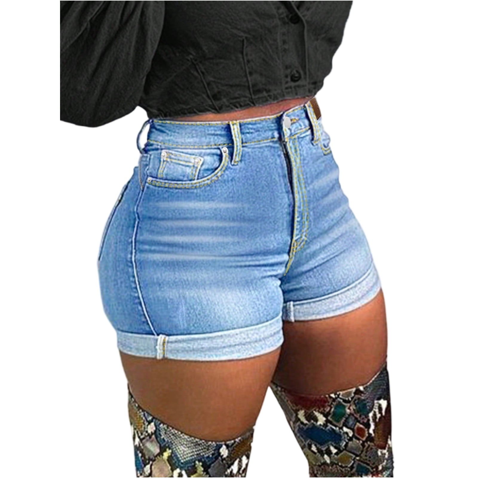 WULMLEO Womens Denim Shorts Plus Size Roll Up Mid Rise Curvy Jean ...