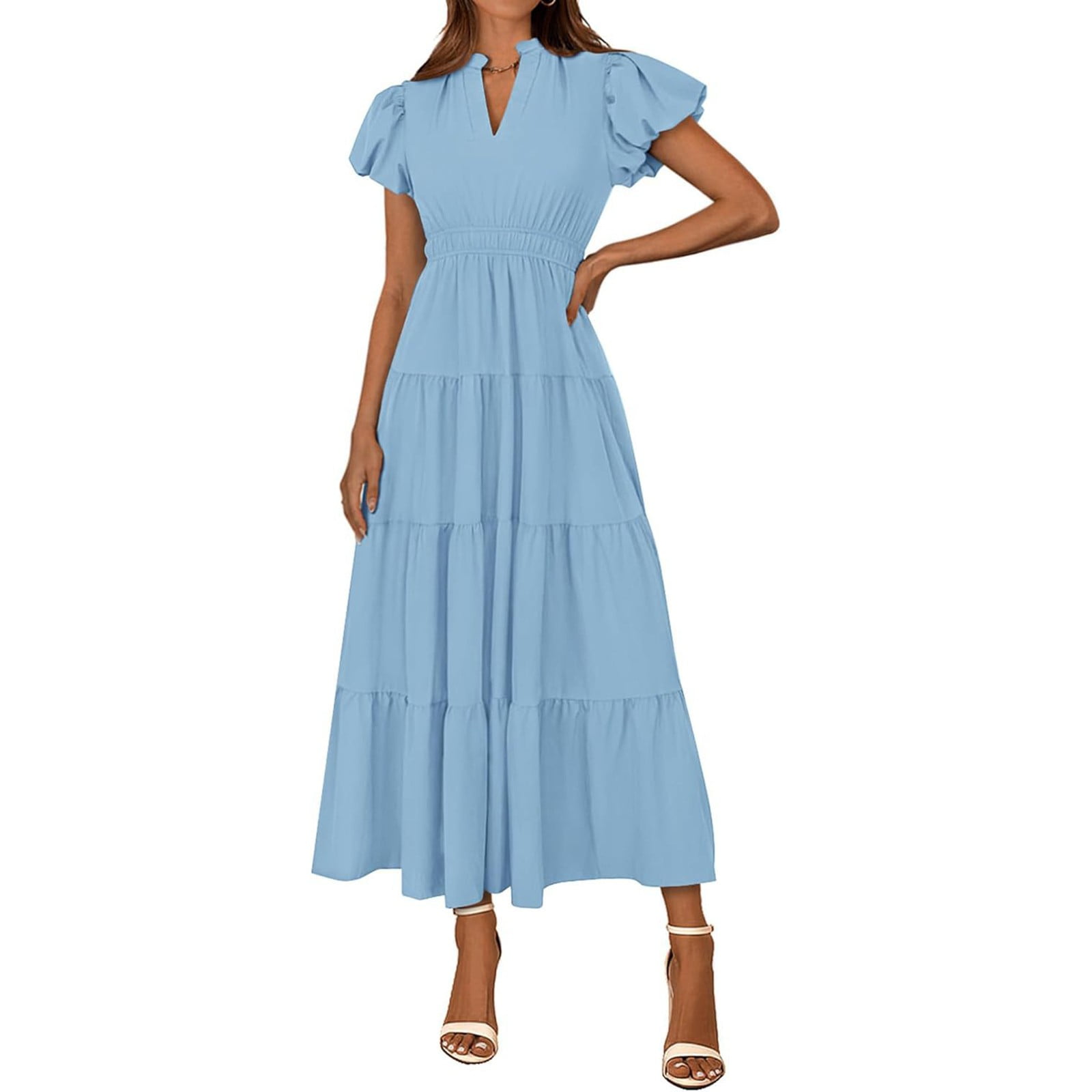 WULMLEO Womens Summer 2025 Casual Midi Maxi Dresses Lightweight Short Sleeve V Neck Elastic ...