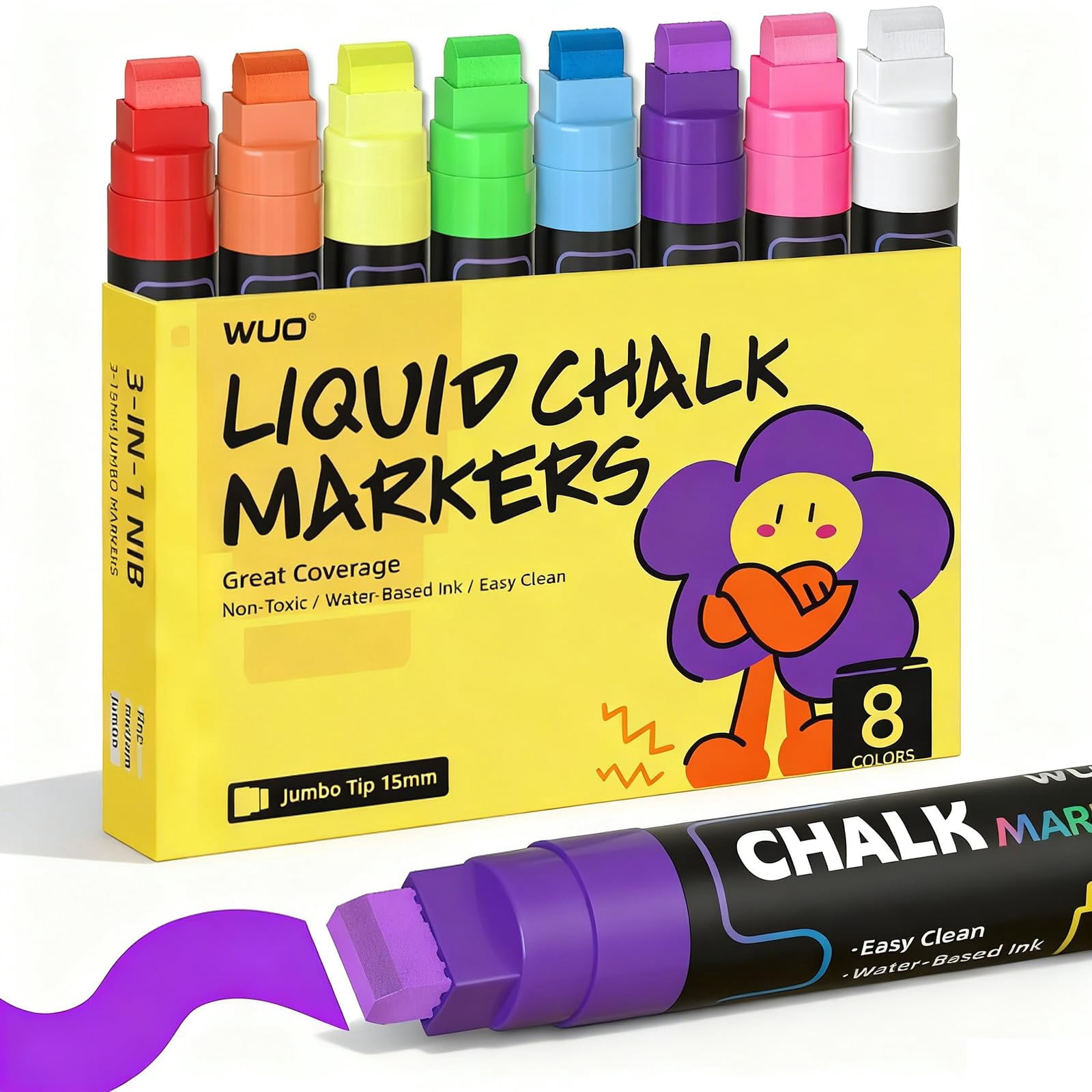 WUO Window Chalk Markers,8 Colors Car Markers,15mm 3-In-1 Jumbo Wide ...