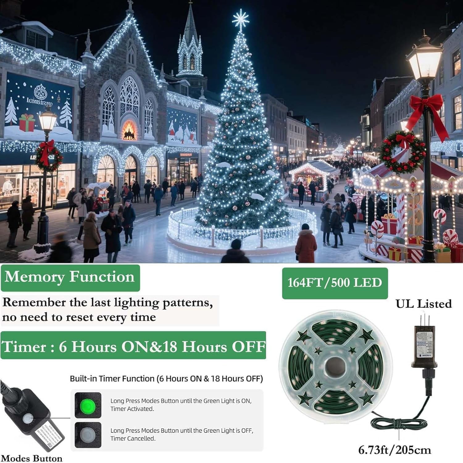 WUQUAN-164FT 500 LED White Christmas Lights, 8 Modes Christmas Tree ...