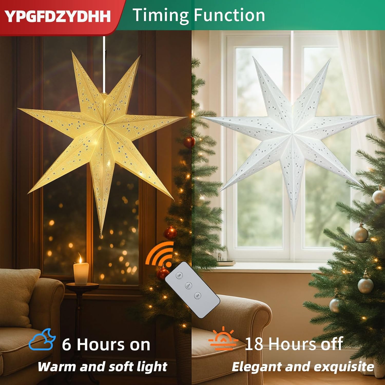 WUQUAN-23" Paper Star Lantern with LED Lights, 7-Point Hanging Star ...