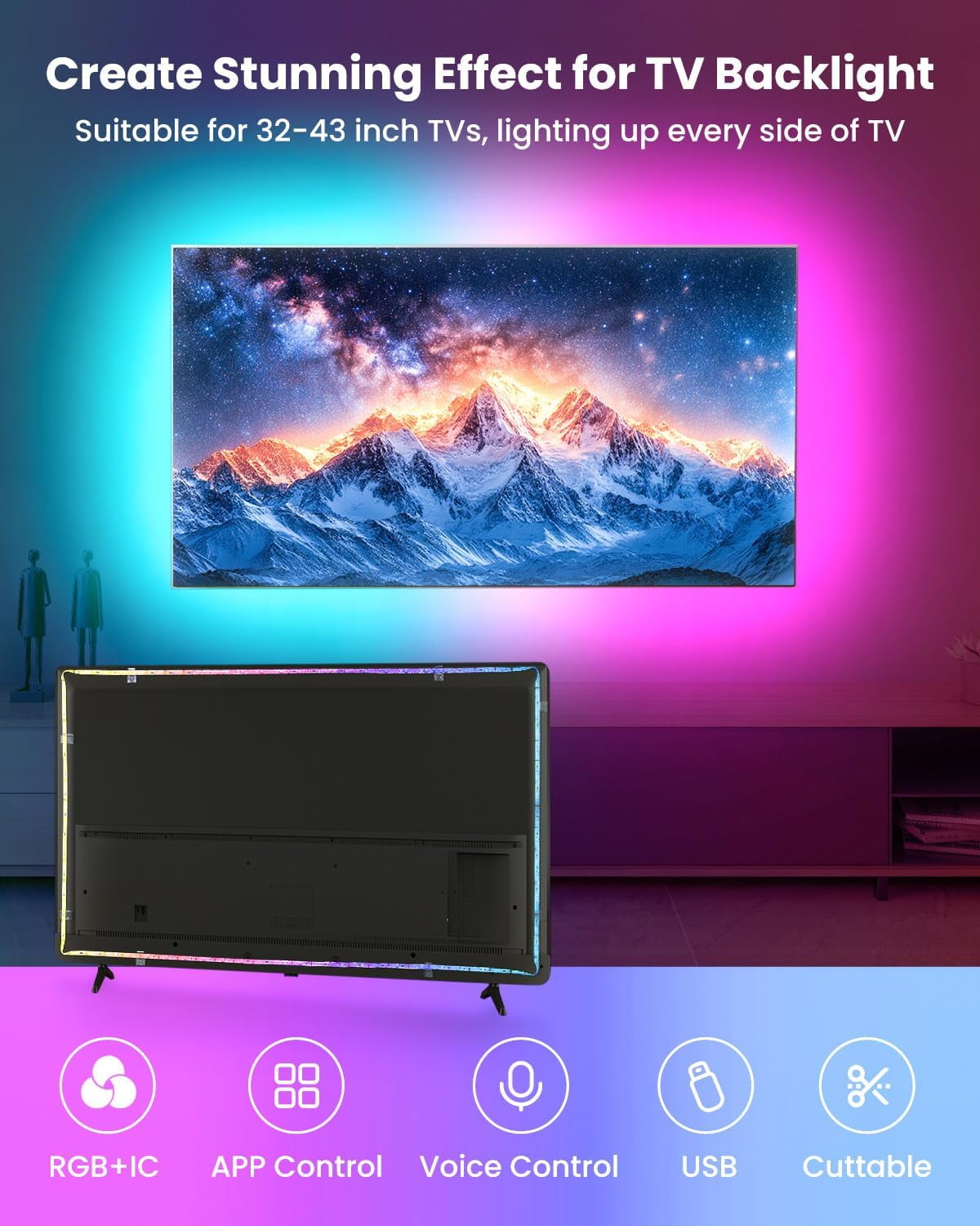 WUQUAN-26.25ft RGB+IC LED Strip Lights for 75-100 Inch TV, Backlight ...