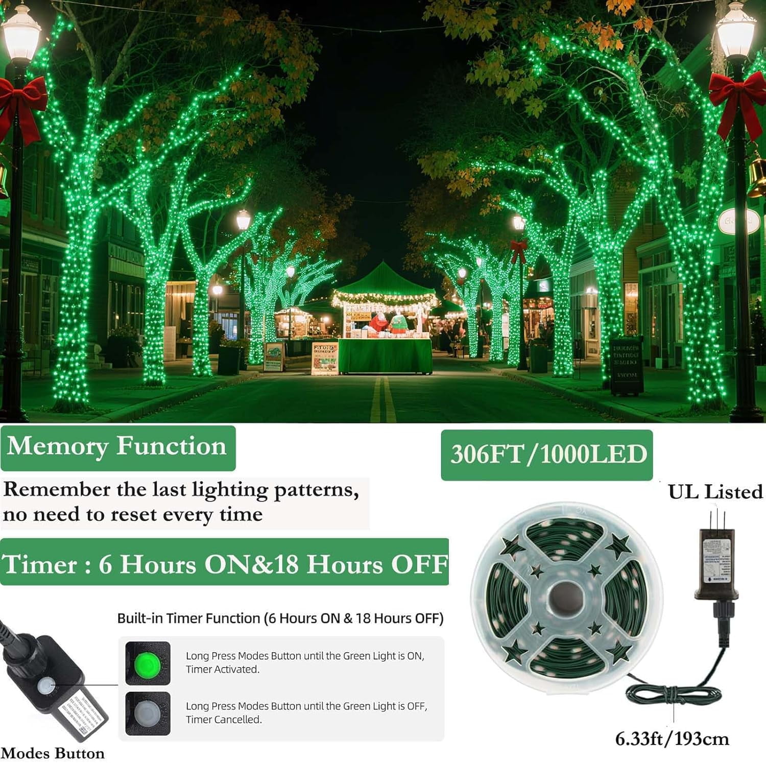 WUQUAN-306FT 1000 LED Green Christmas Lights, 8 Modes Christmas Tree ...