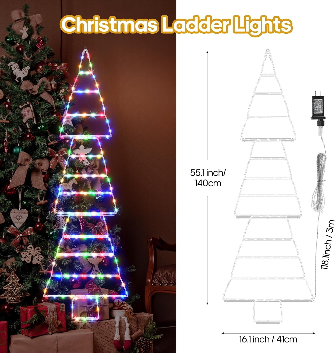 WUQUAN-4.6FT LED Christmas Tree Ladder Lights with Remote, Plug-in ...