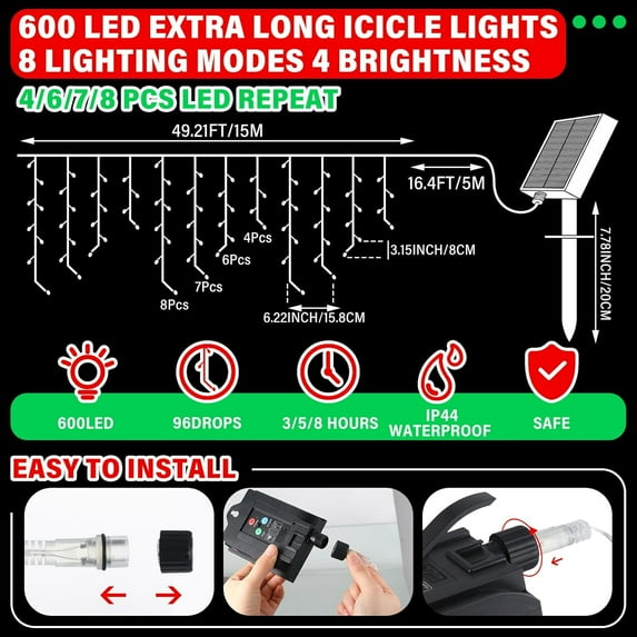 WUQUAN-65ft Red Green Solar Icicle Christmas Light for Outdoor ...