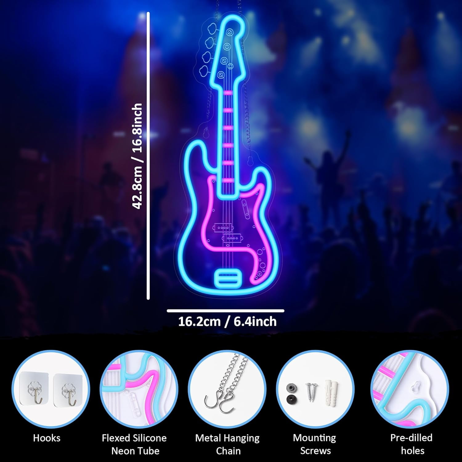 WUQUAN-Bass Guitar Neon Sign, Dimmable LED Bass Guitar Room Decor Light ...