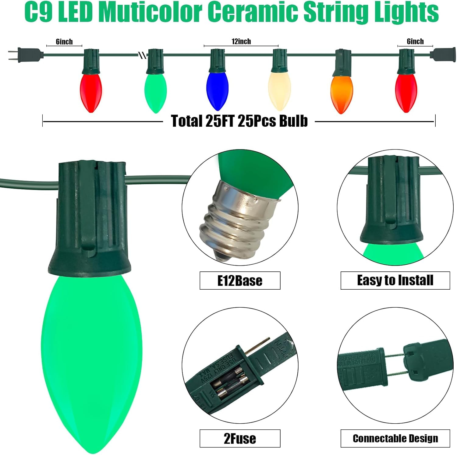 WUQUAN-C9 LED Multicolor Christmas Light, 25FT Vintage Christmas Lights ...