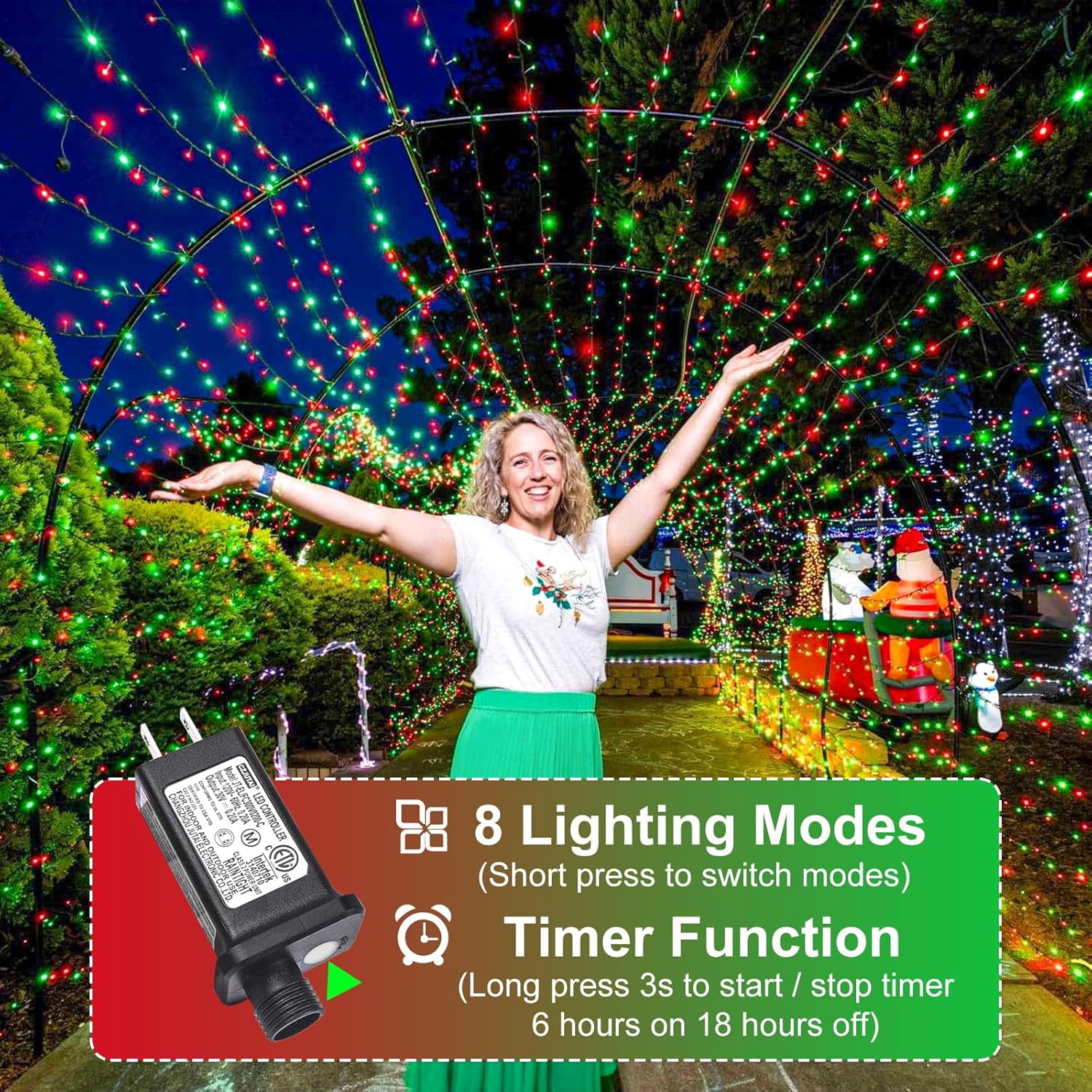 Wuquan-Christmas Lights, 66FT 200 LED Christmas Tree Lights with 8 ...