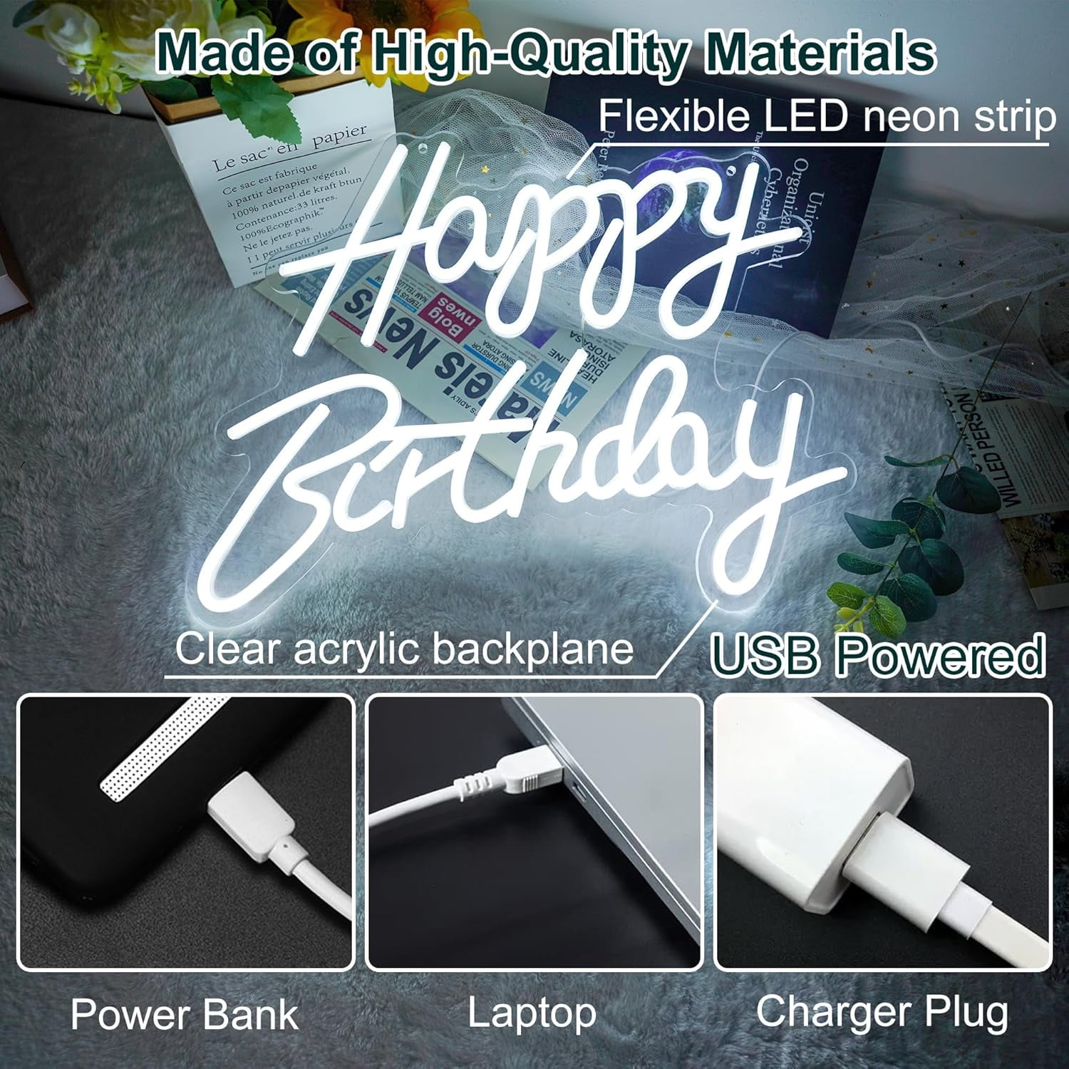 WUQUAN-Happy Birthday Neon Sign, Happy Birthday Light Up Sign, Neon ...