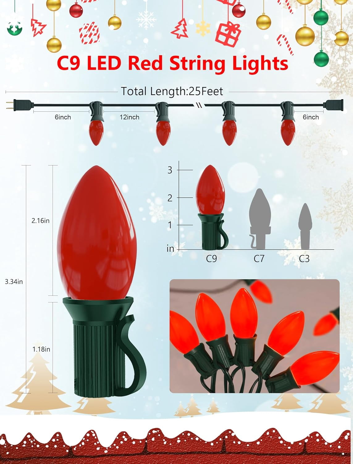 WUQUAN-LED C9 Red Christmas Lights Outdoor, 25FT C9 LED Outdoor String ...