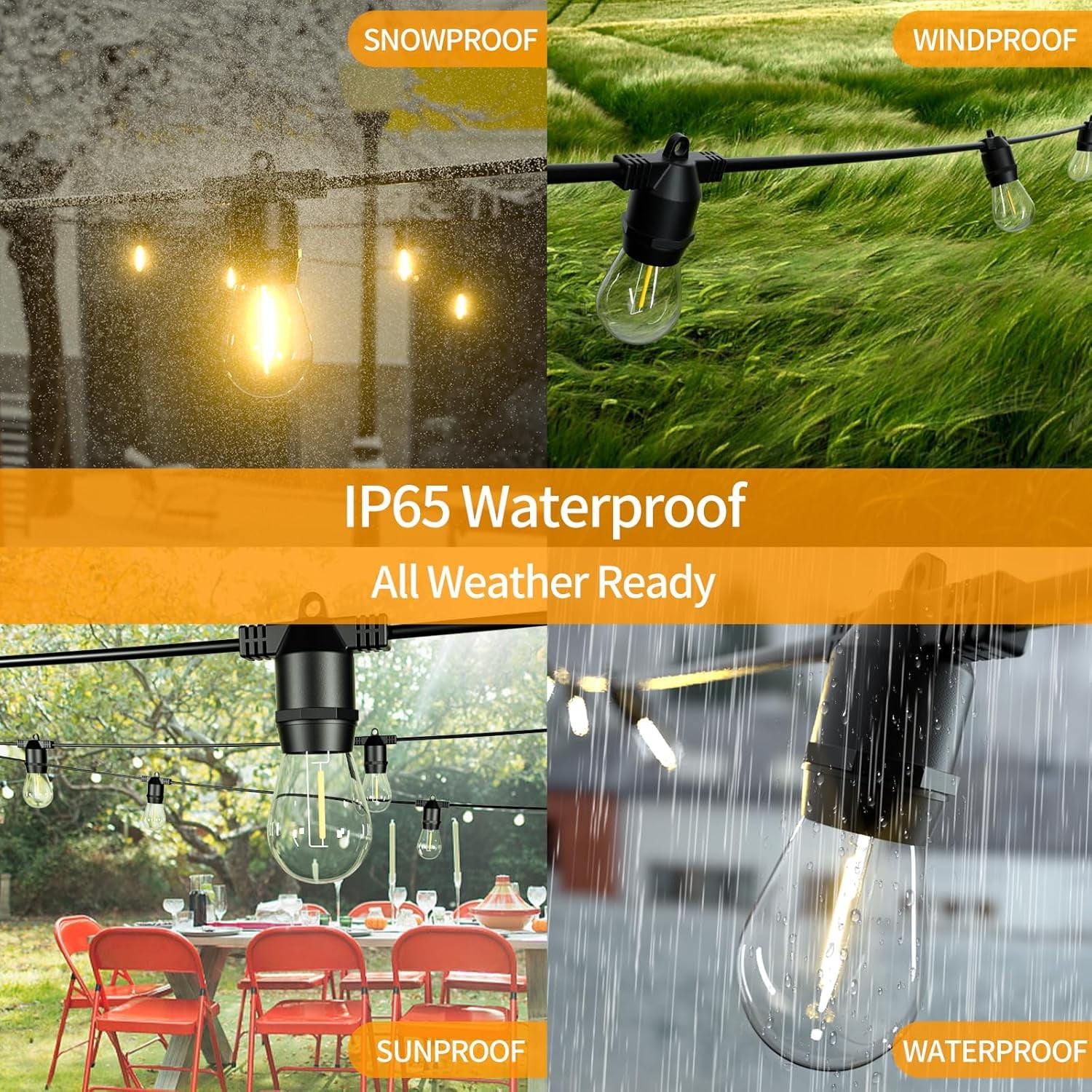 WUQUAN-S14 LED Outdoor String Lights, IP65 Waterproof 48FT Outside ...