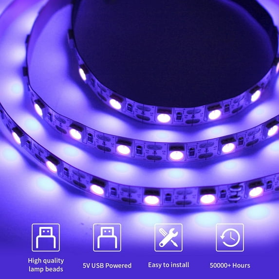 WUQUAN-UV Black LED Light Strip USB, 2M/6.6ft 5V SMD5050 LEDs 395nm-405nm Blacklight Strip for ...