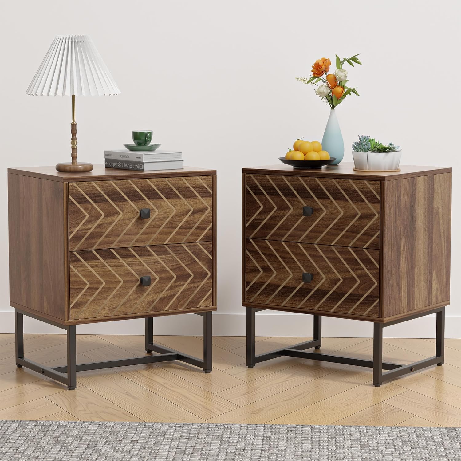 WUTUTUEE Set of 2 Walnut Nightstands with Drawers, Modern Bedside ...