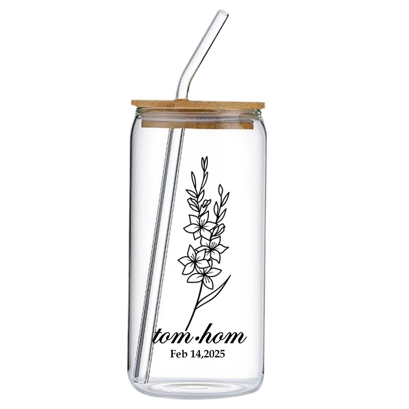 WUTYU Personalized 16oz Glass Tumbler with Lid and Birth Flower Custom ...