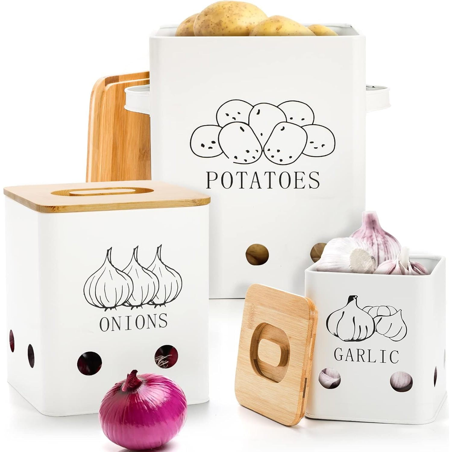 WUWEOT 3 Pack Vegetable Storage Tins, Metal Onion Garlic Potato Jars ...