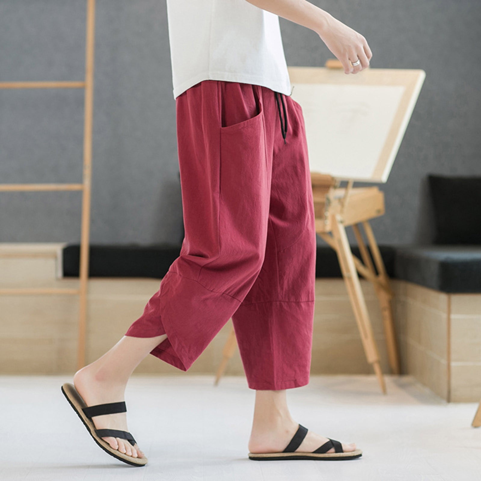 Wuwuqf Beach Pants Flowy Summer Cropped Trousers Mens Thin Casual