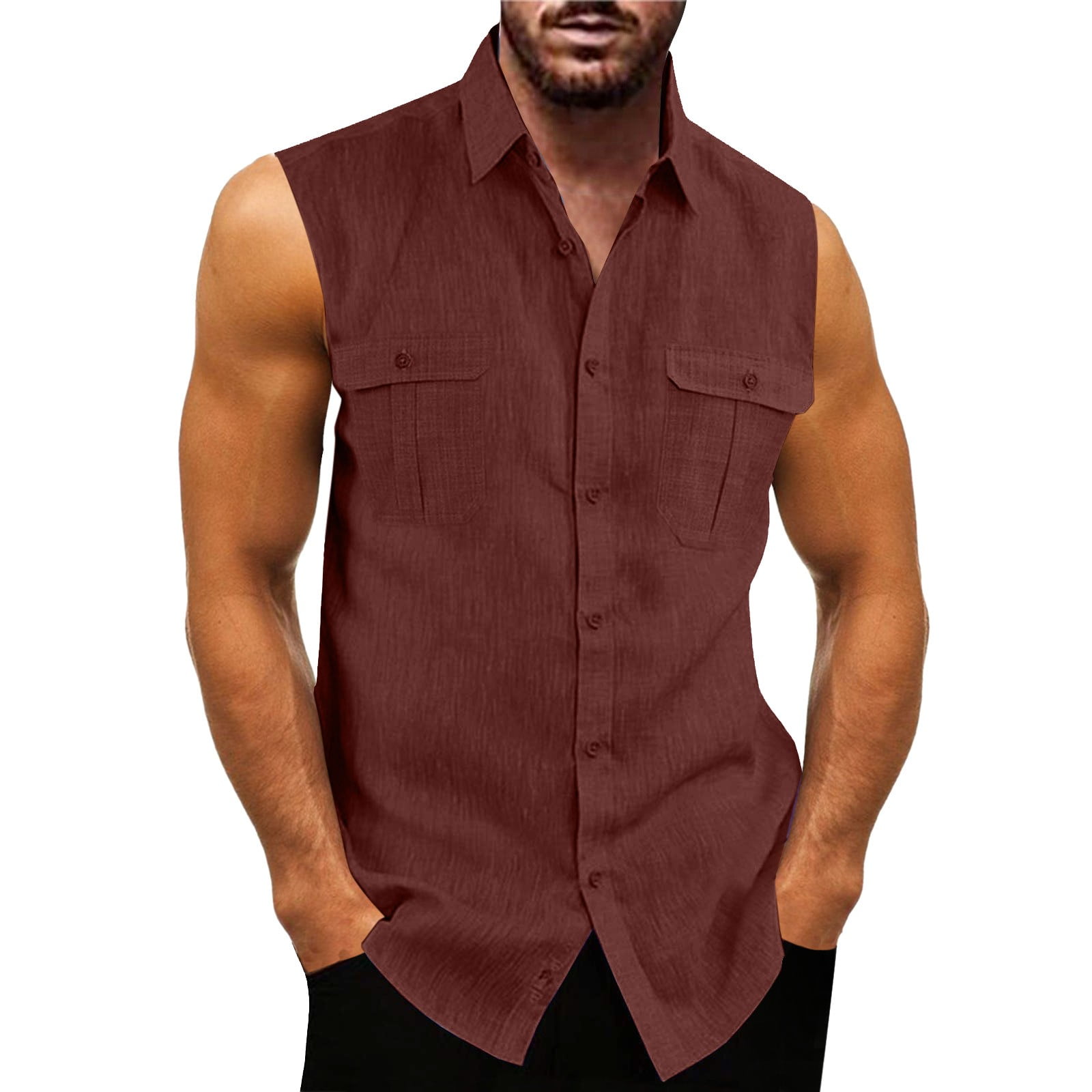 WUWUQF Sleeveless Men's Shirts, Male Summer Top Shirt Double Pocket ...