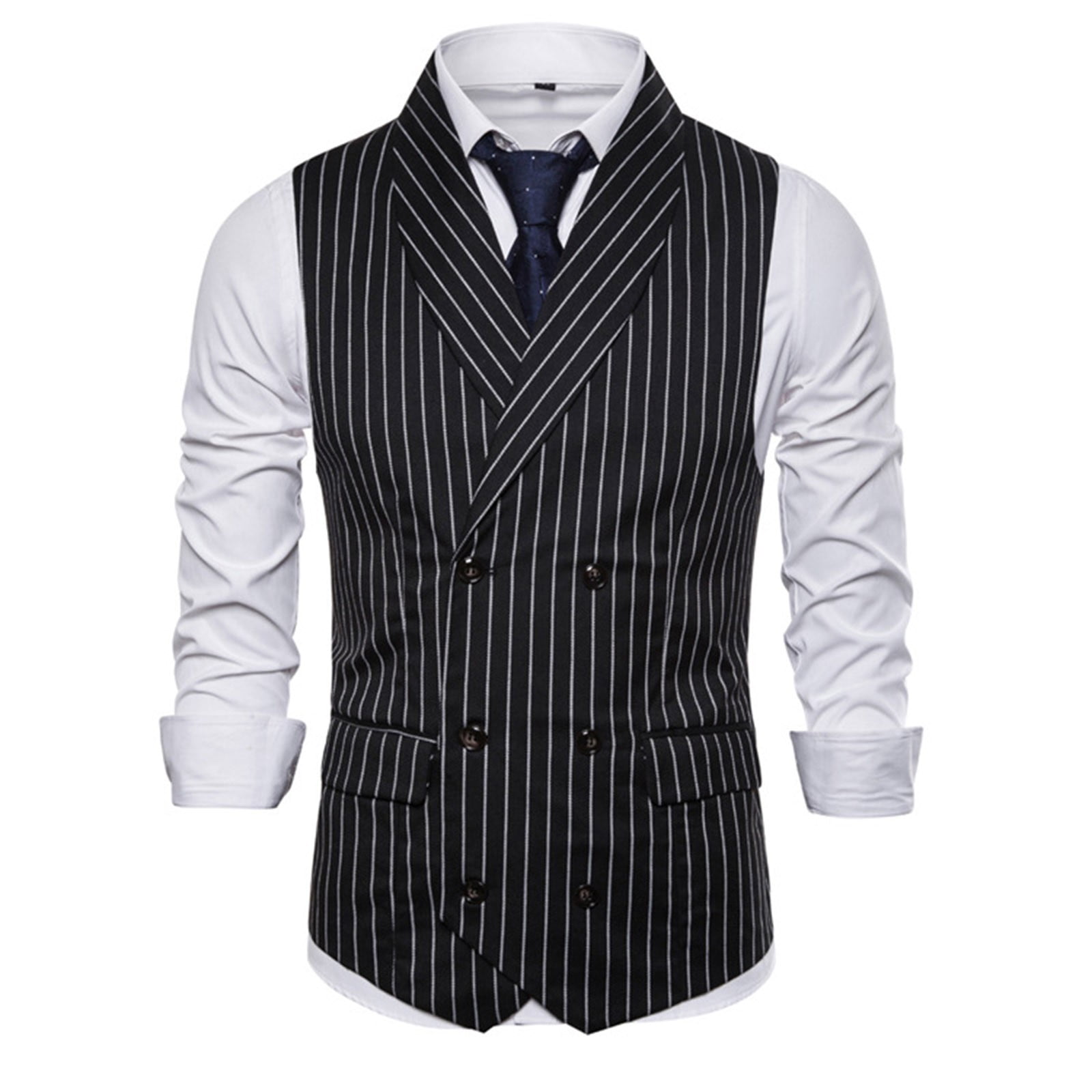WUWUQF Vest for Men Double Breasted Pocket Striped Suit Business ...