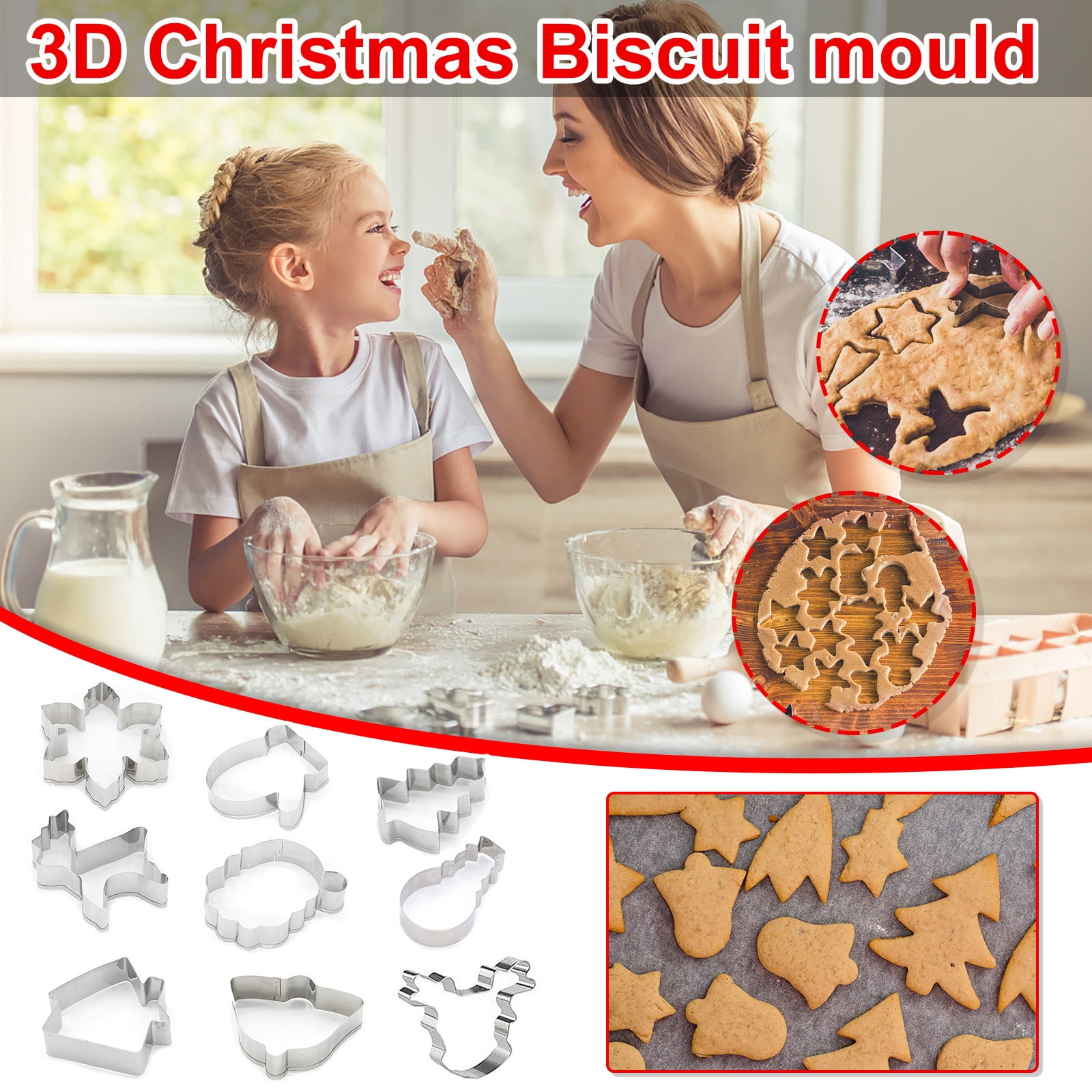 WUXIAB 9-Piece 3D Christmas Cookie Cutter Set,Stainless Steel Baking ...
