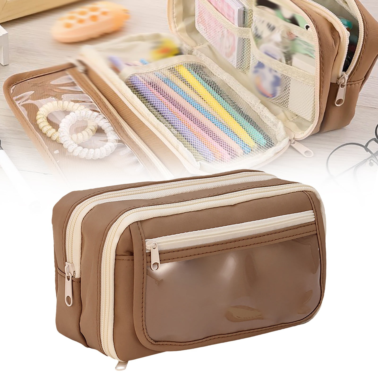 WUXIAB Zipper Pencil Pouch,Brown Multi-Zipper Large Capacity Pencil ...