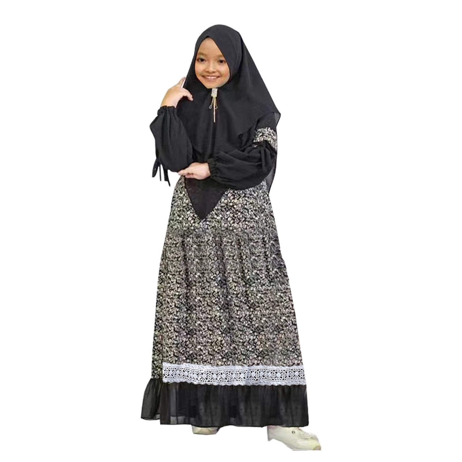 WUXIAN Girls Clothes Set Baby Floral Abaya With Hijab Full Length Robe ...