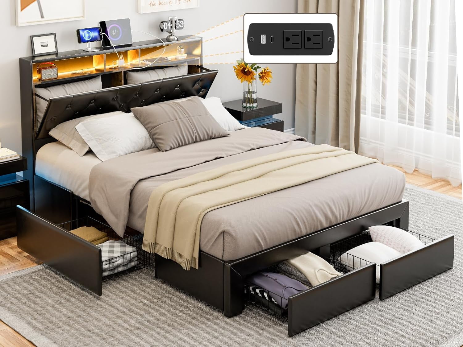 WUXIFA Full Size Bed Frame with 4 Storage Drawers & Charging Station ...