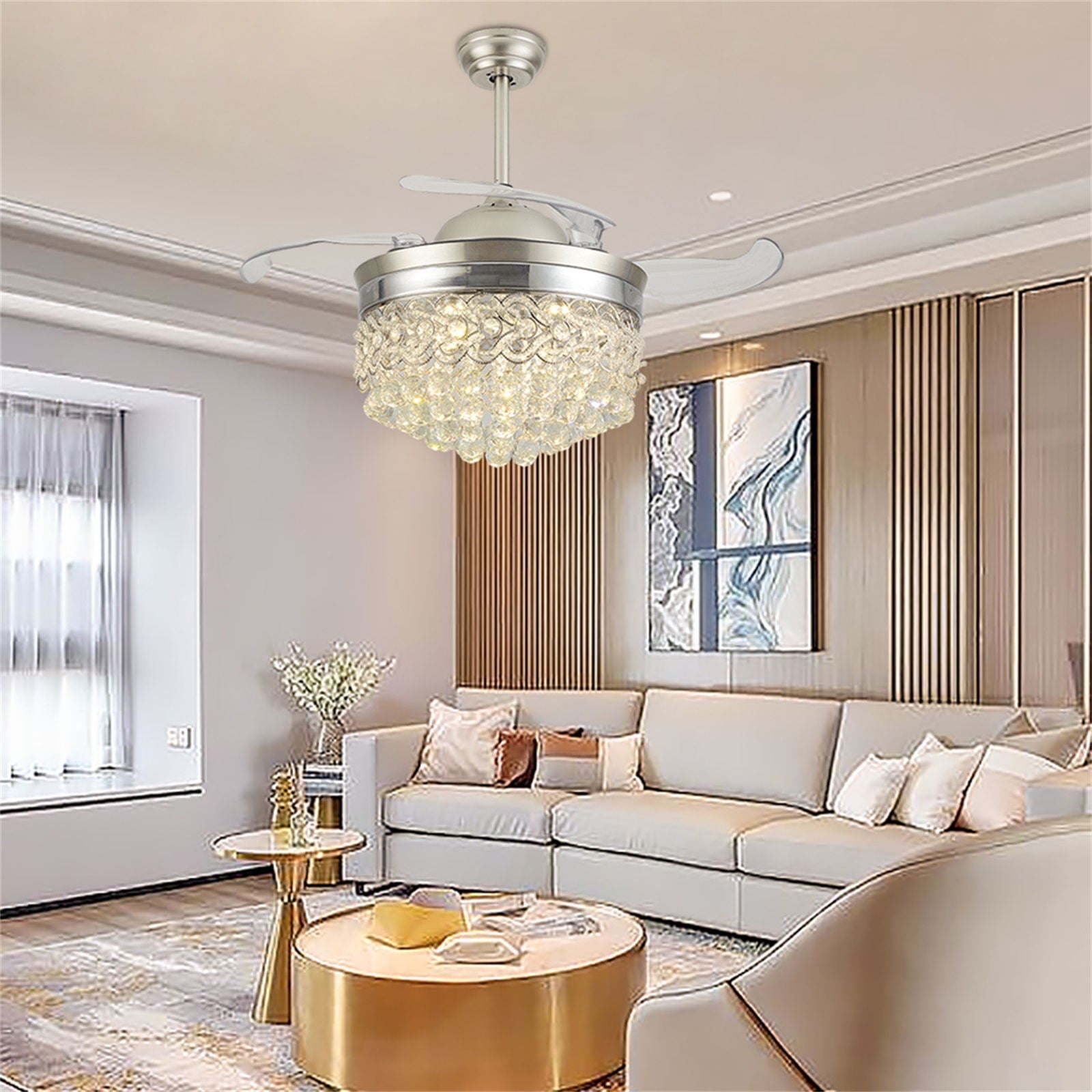 WUZSTAR 42Inch Modern K9 Fan Chandelier,3 Color 3 Speed Ceiling Fan ...