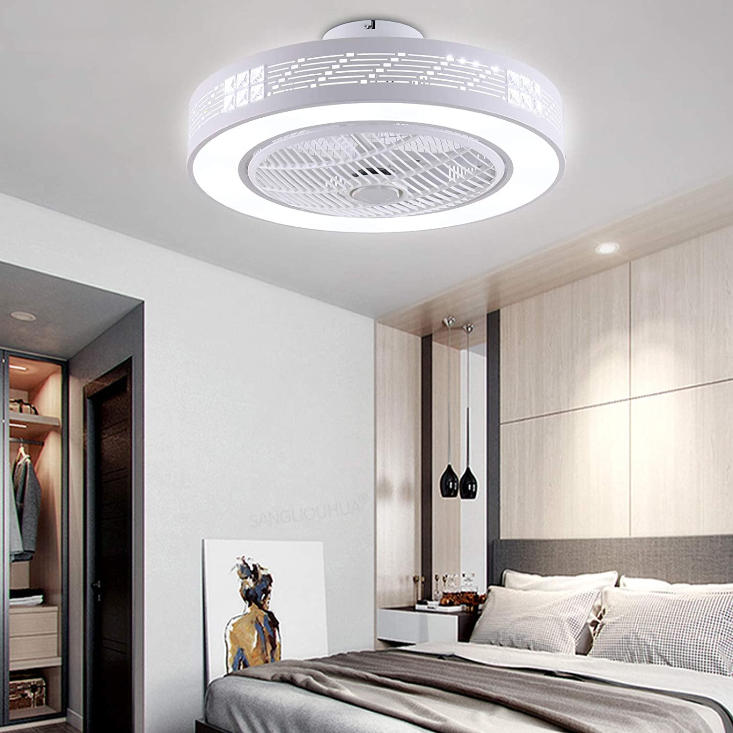 WUZSTAR Acrylic Ceiling Fan with LED Light kit,Flush Mount Enclosed Fan ...