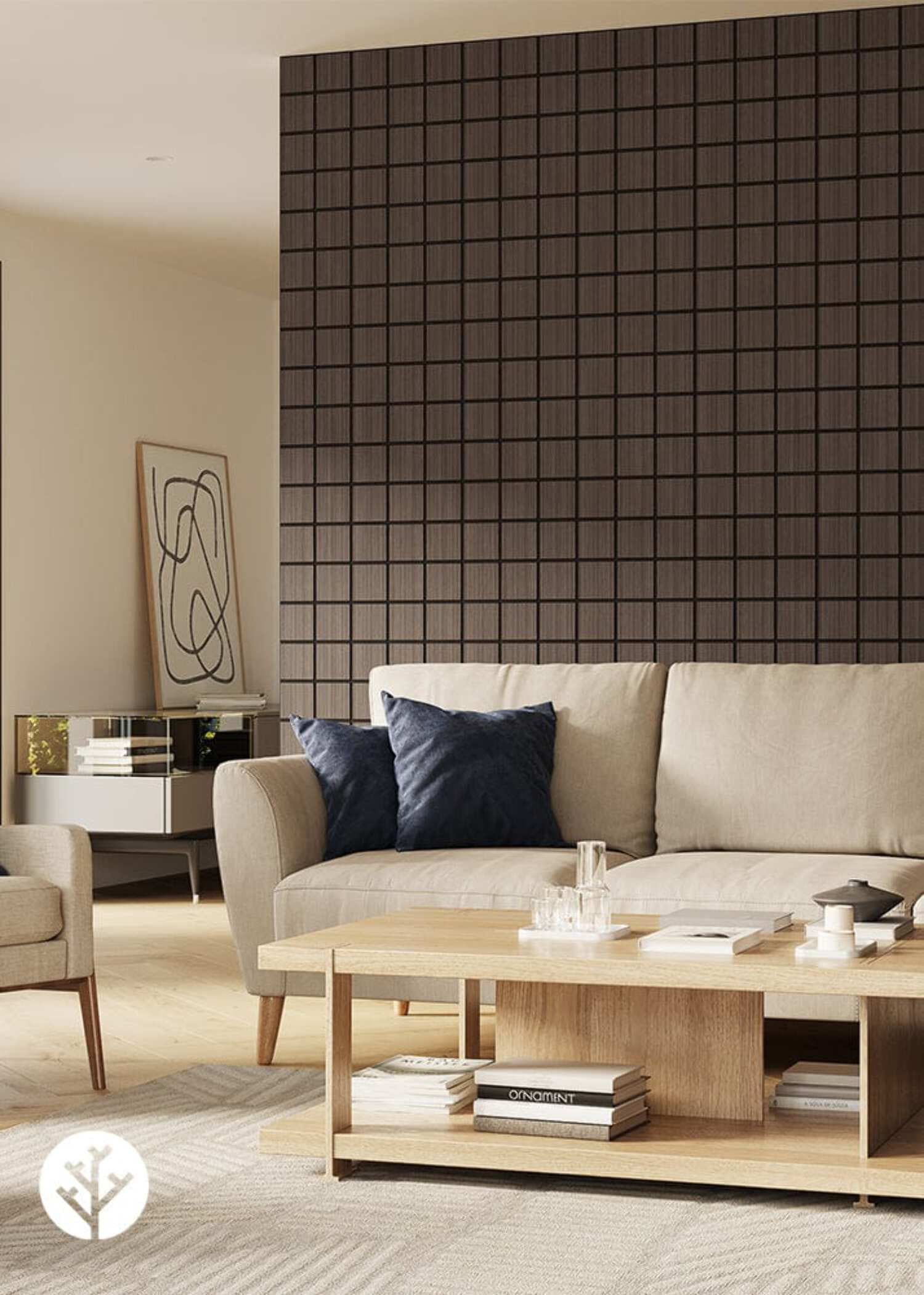 WVH Smoked Oak Check Geometric Wood Veneer Acoustic Felt Backing Wall ...