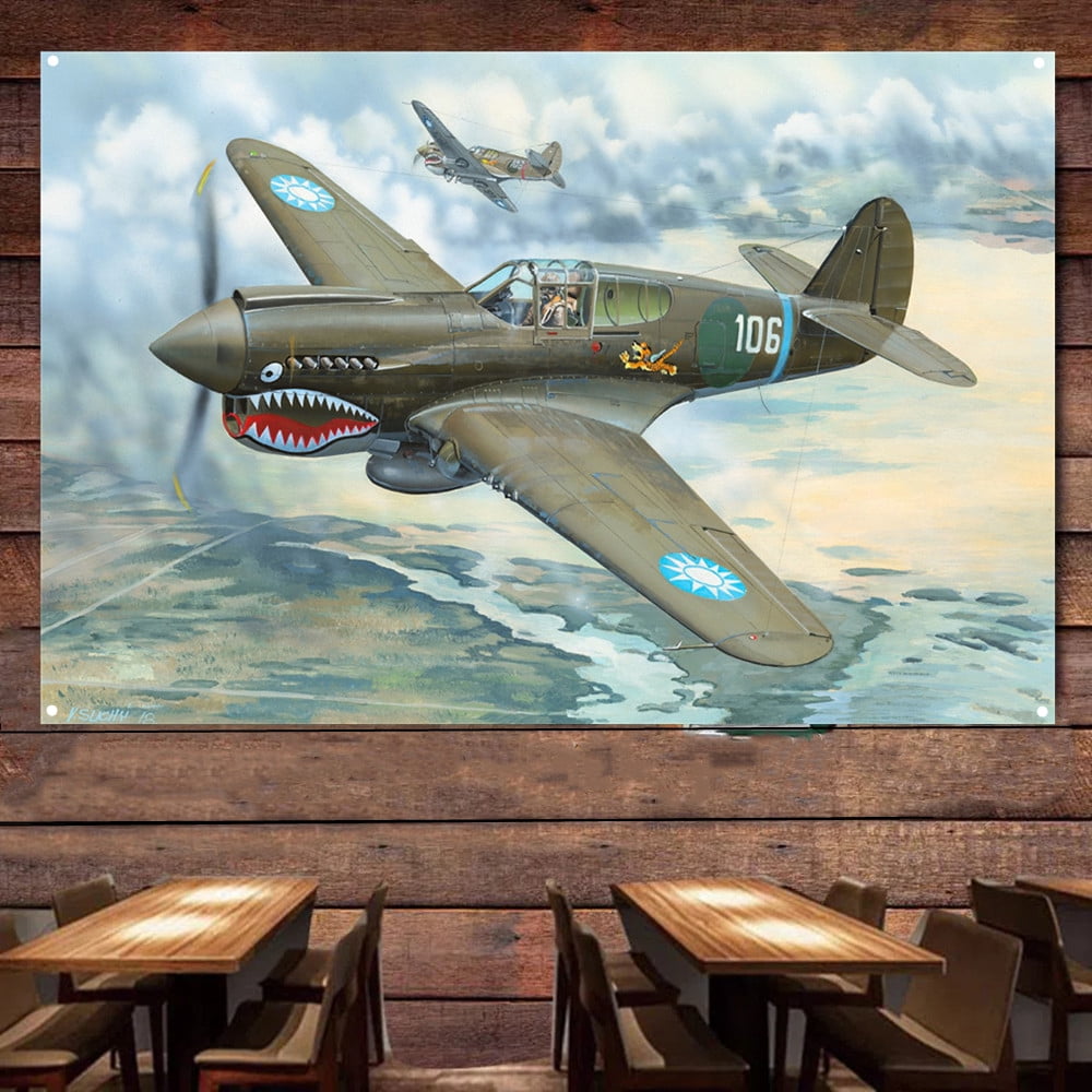 WW II US P-40E Fighter Banner - Air Force Military Wall Art Poster For ...