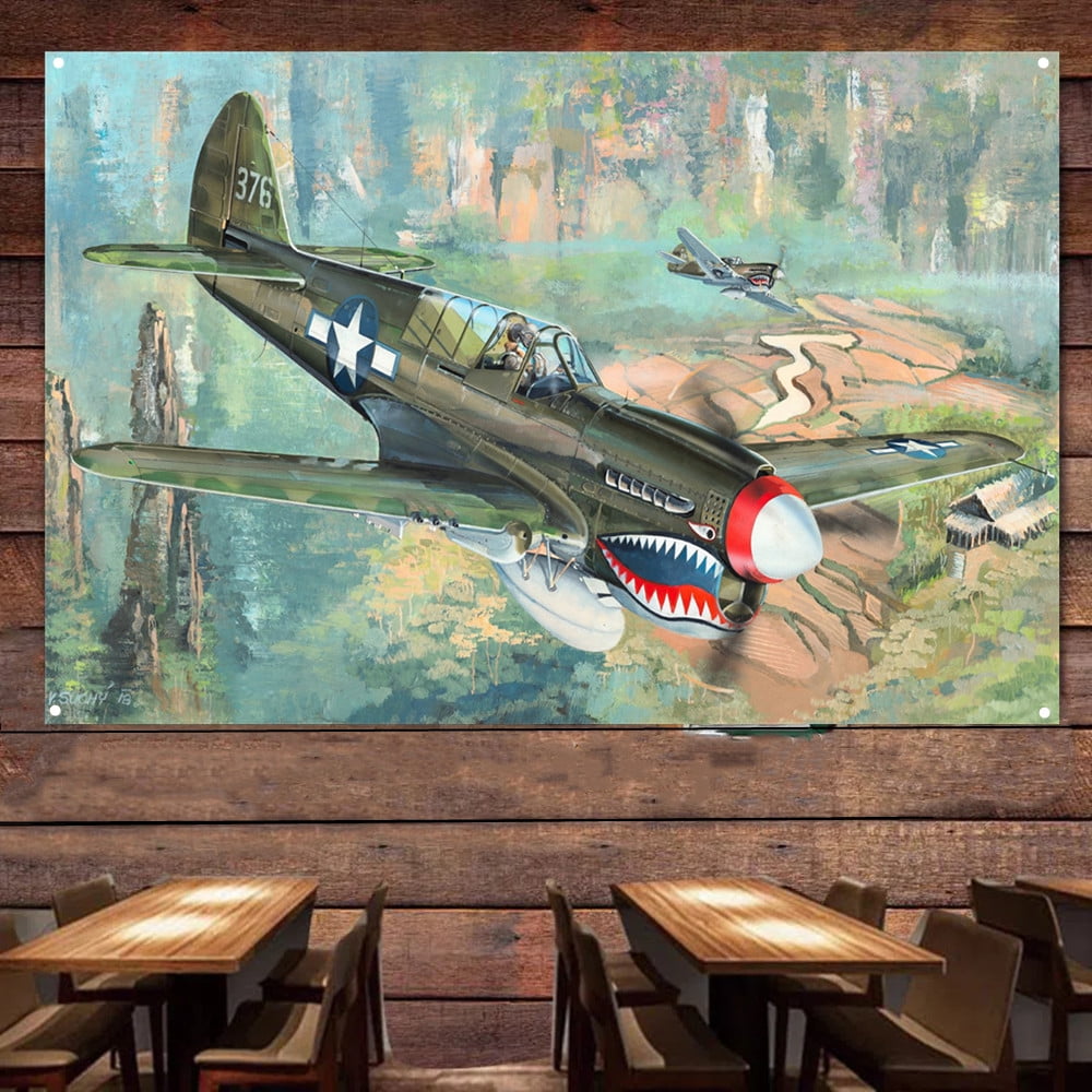 WW II US P-40N Warhawk Fighter Jet Banner Wall Art- 38" x 57" Decorate ...