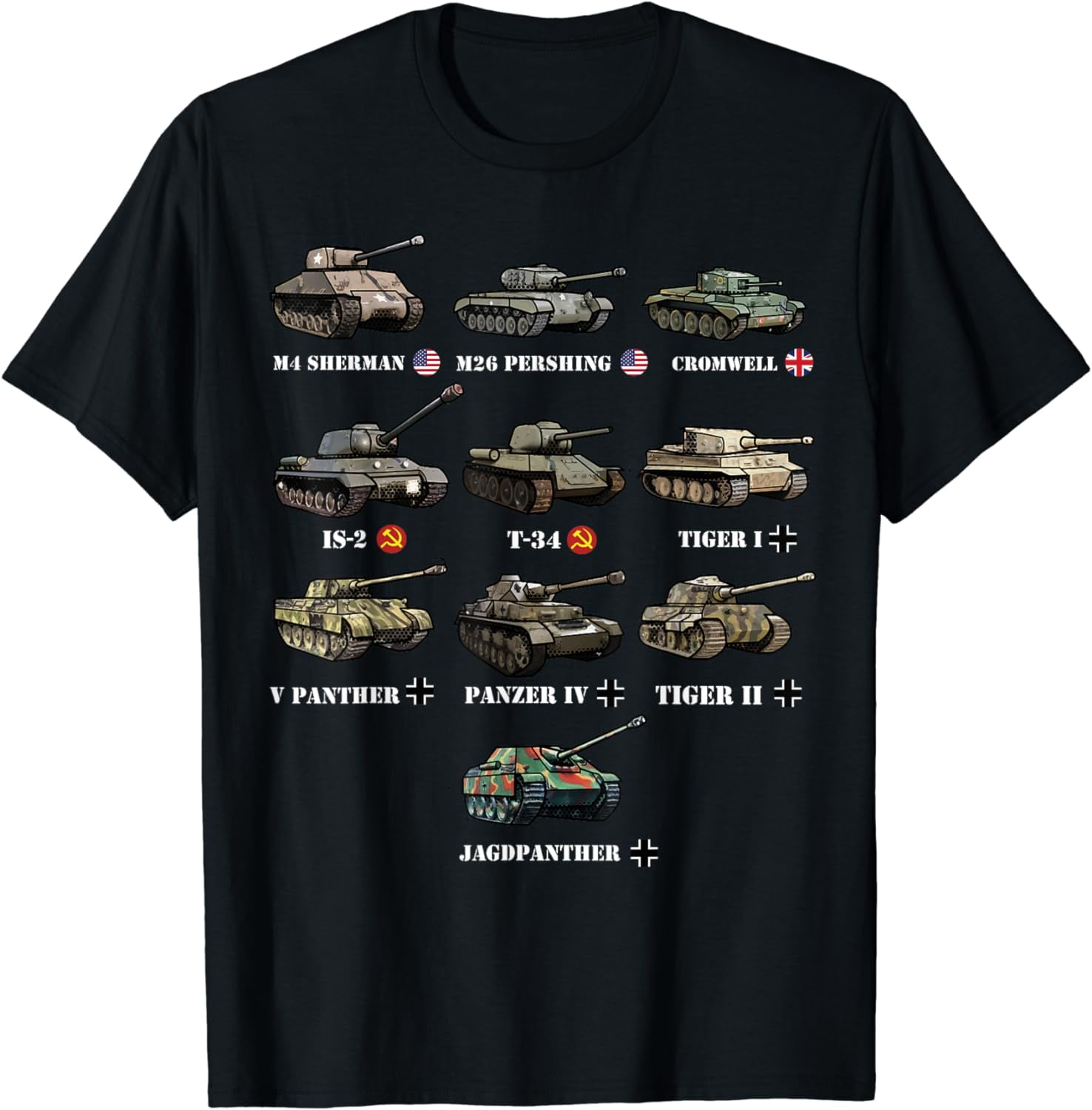 WW2 Tanks M4 Sherman Panzer IV Tiger II T-34 History Buff T-Shirt ...