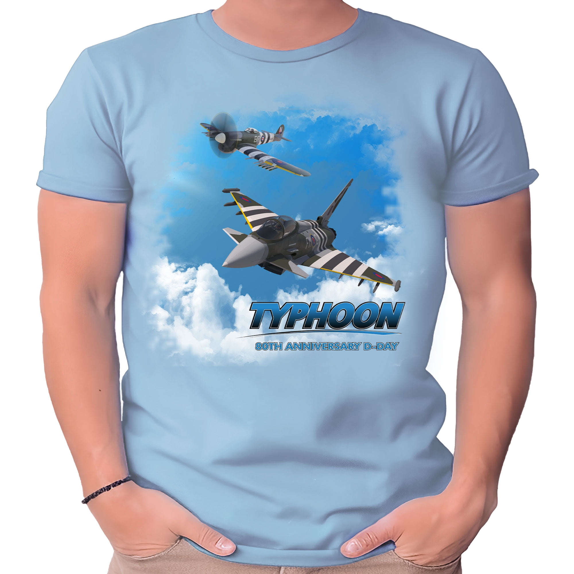 WW2 Typhoon and Eurofighter In The Clouds Light Blue Adult Shirt-3XL ...