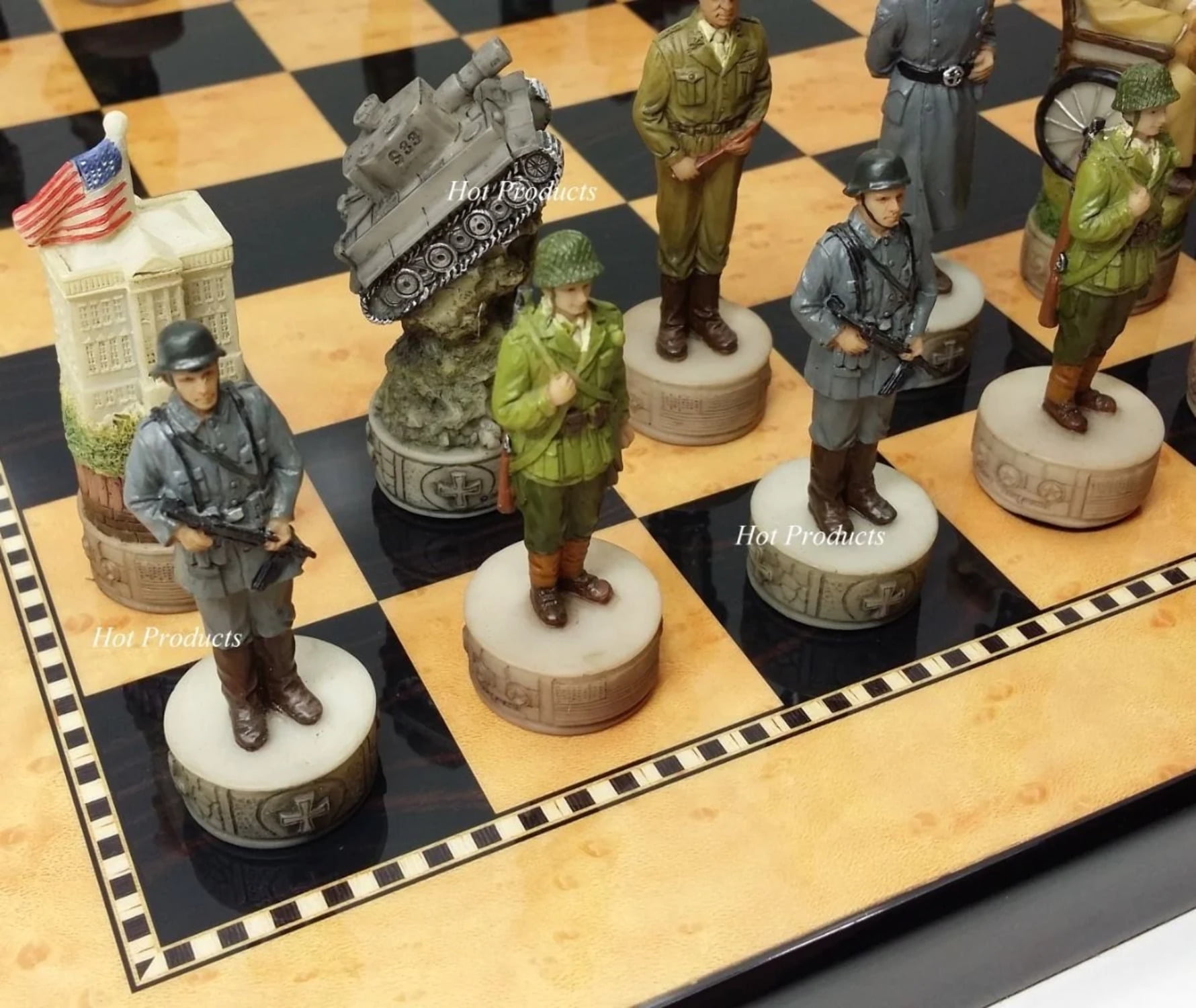 WW2 US GERMANY Chess Set W/ 15" WALNUT BIRDSEYE MAPLE COLOR BOARD World ...