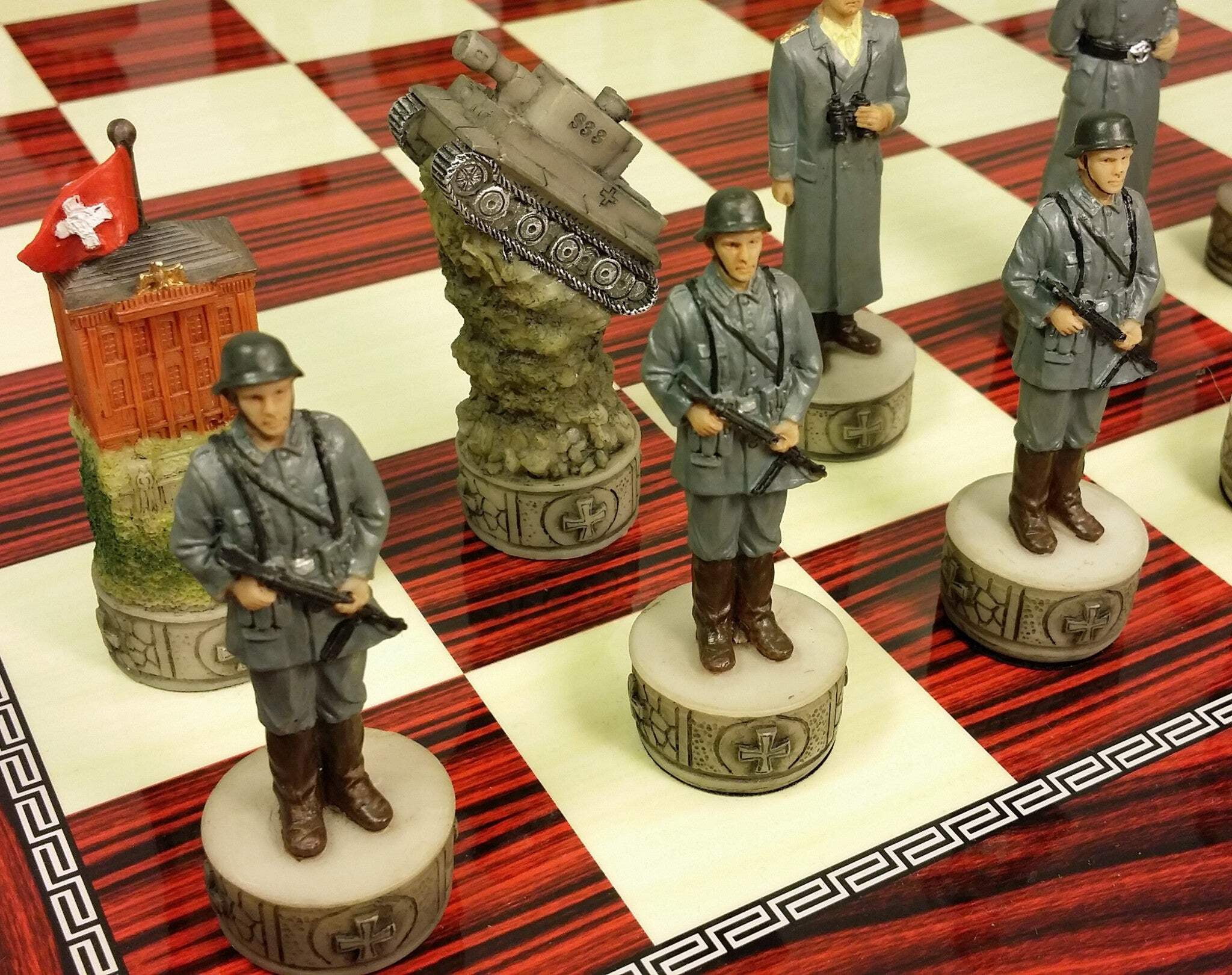 WW2 US vs Germany Hand Painted Chess Set with 17" Gloss Cherry Board ...