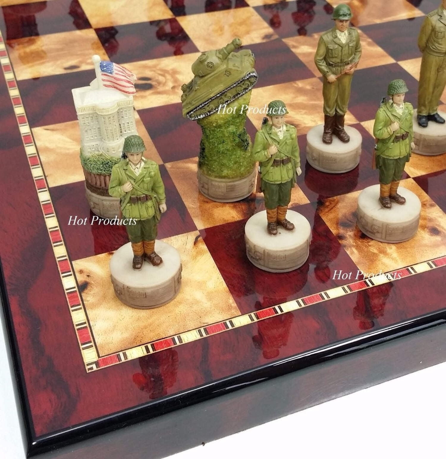 Free Shipping! WW2 US vs GERMANY Chess Set W/ 18 Cherry Burlwood Color ...