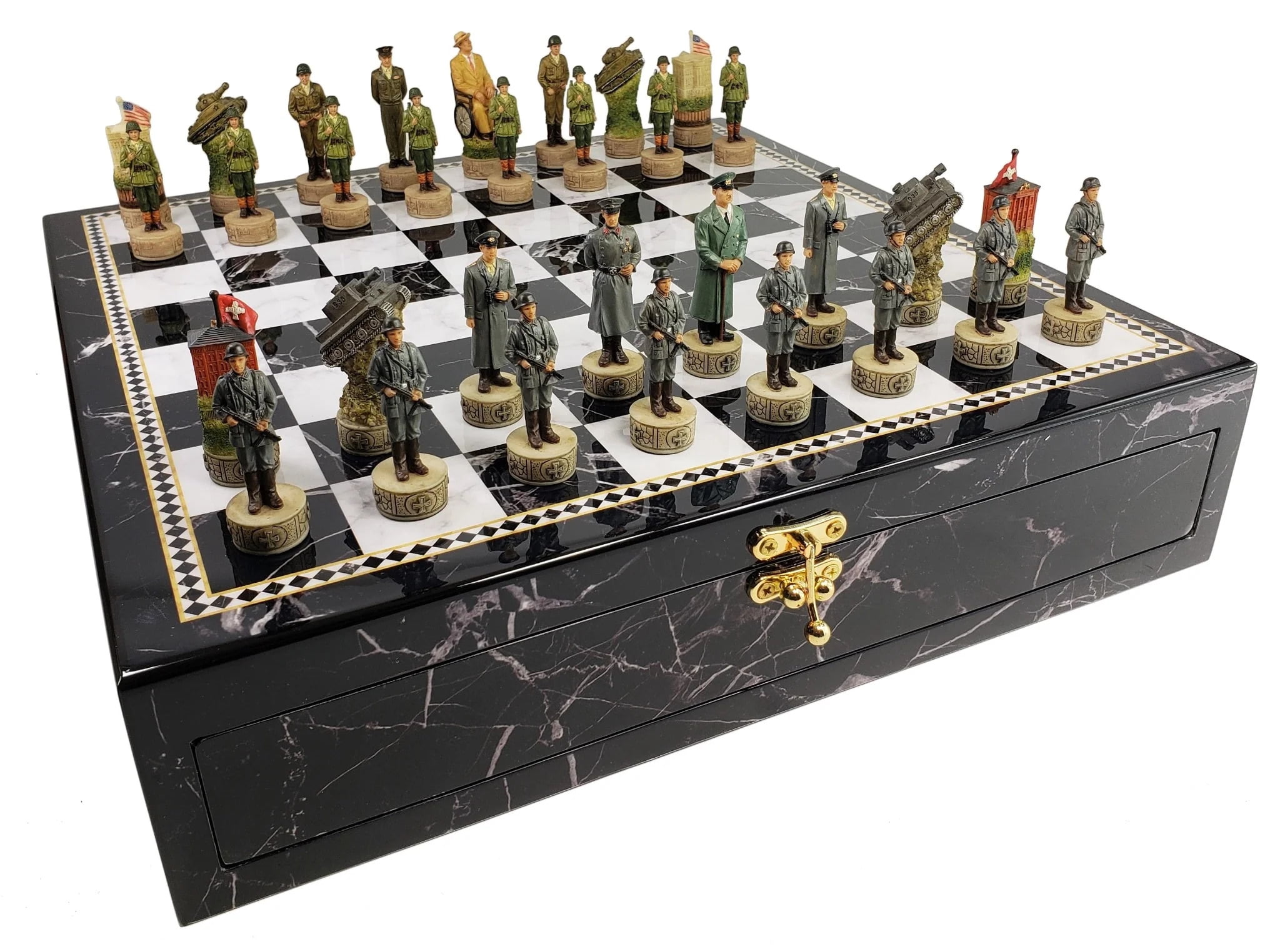 WW2 US vs GERMANY Chess Set With 17" Black White Faux Marble Storage ...