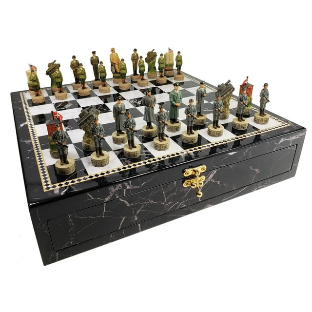 WW2 US vs GERMANY Chess Set With 17" Black White Faux Marble Storage ...