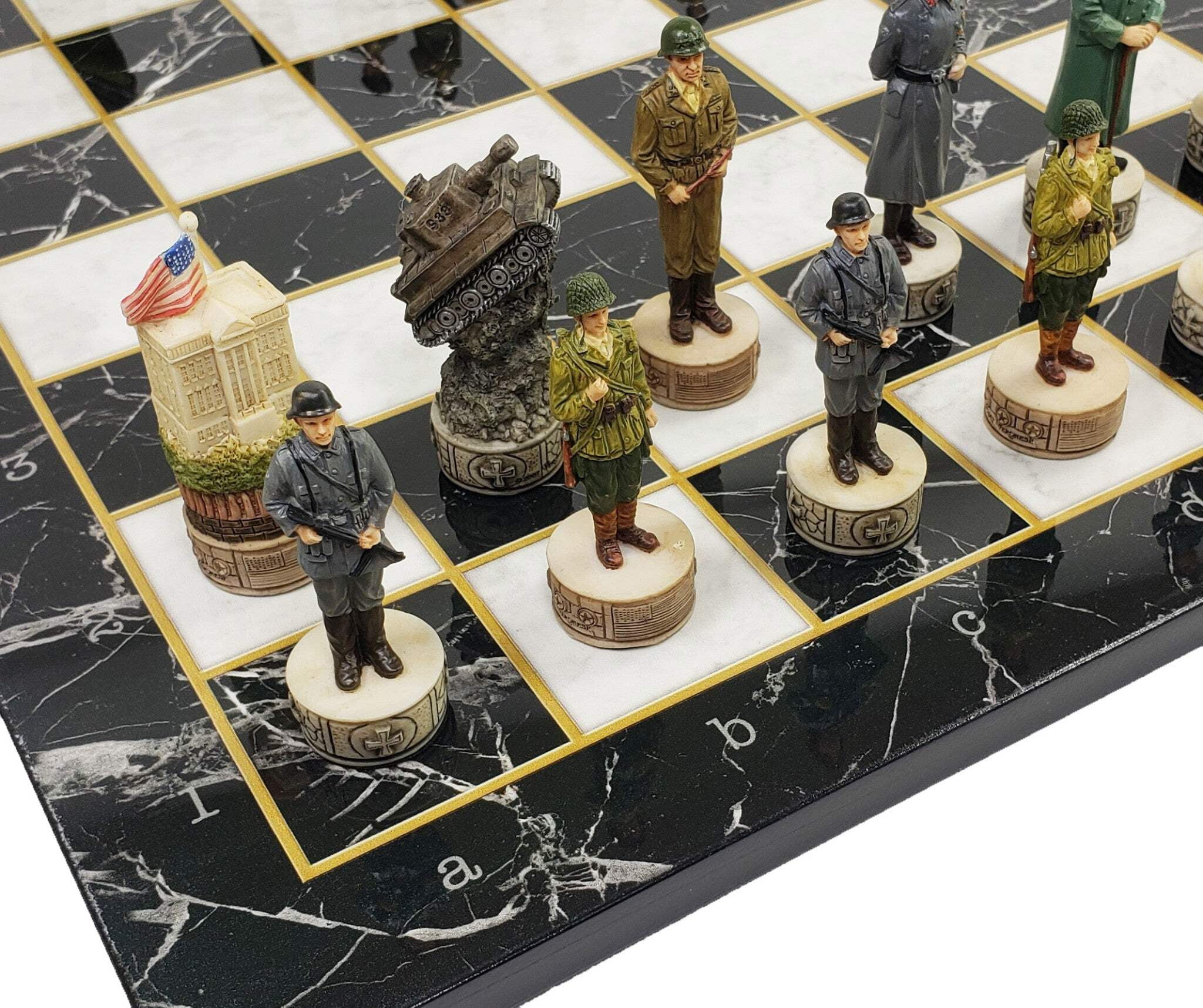 WW2 US vs Germany Chess Set W/ 17" Black and White Faux Marble Board ...