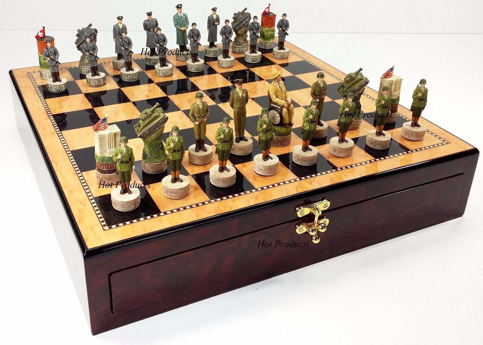 WW2 US vs Germany Chess Set W 17" Walnut & Maple Color Storage Board ...
