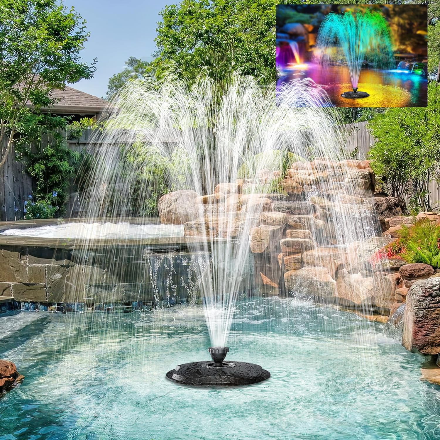 WWDBB Floating Pond Fountain with RGB LED Lights, 660GPH Pond Pump 30Ft ...