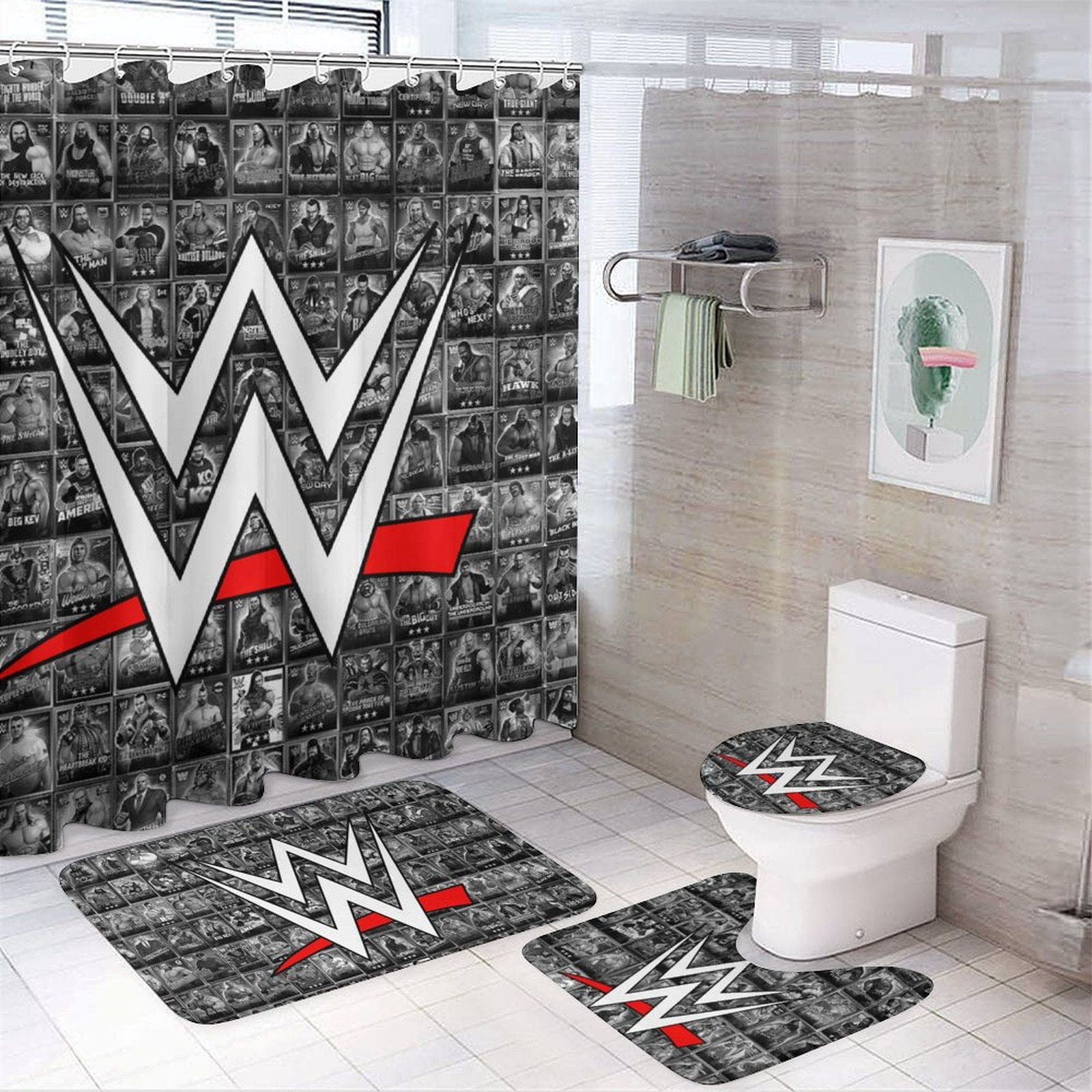 WWE 4 Pcs Shower Curtain Sets with Rugs, Bath Mat, U Shape And Toilet ...