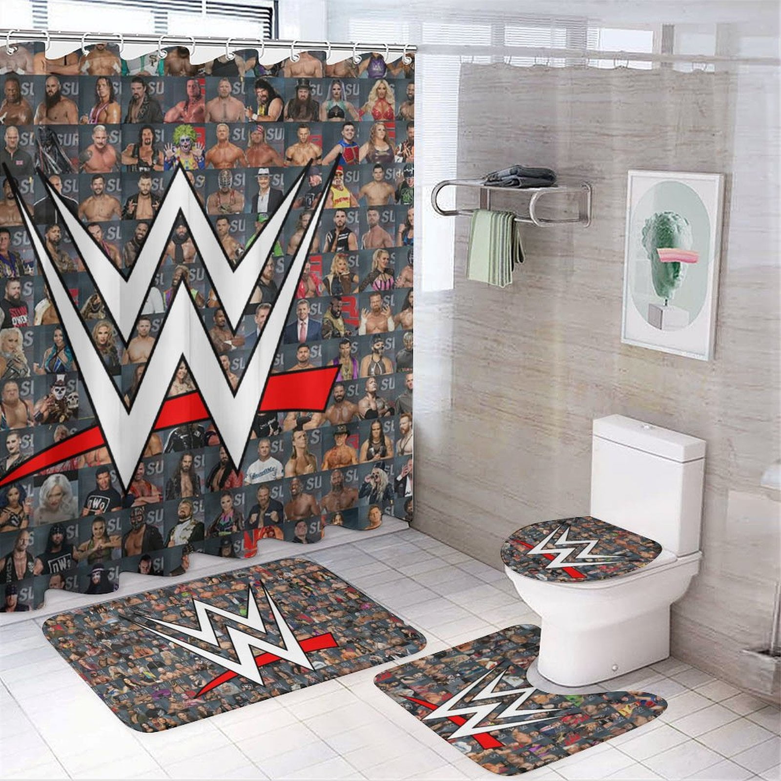 WWE 4 Pcs Shower Curtain Sets with Rugs, Bath Mat, U Shape And Toilet ...